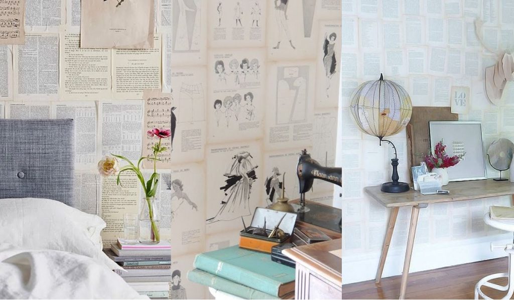 Empapelar la pared con hojas de libros FOTOS